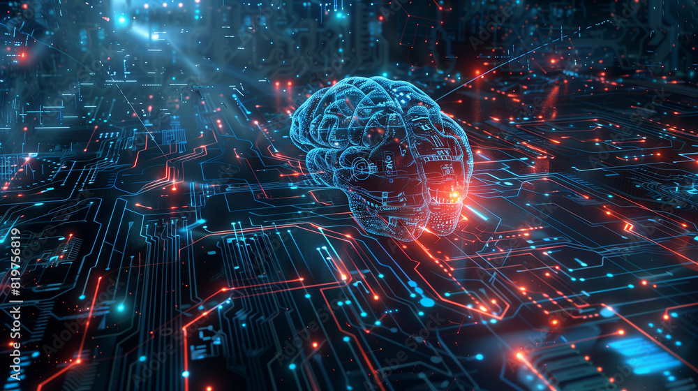 A computer generated face with red eyes and a blue background. The face ...