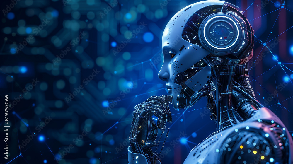 A computer generated face with red eyes and a blue background. The face ...