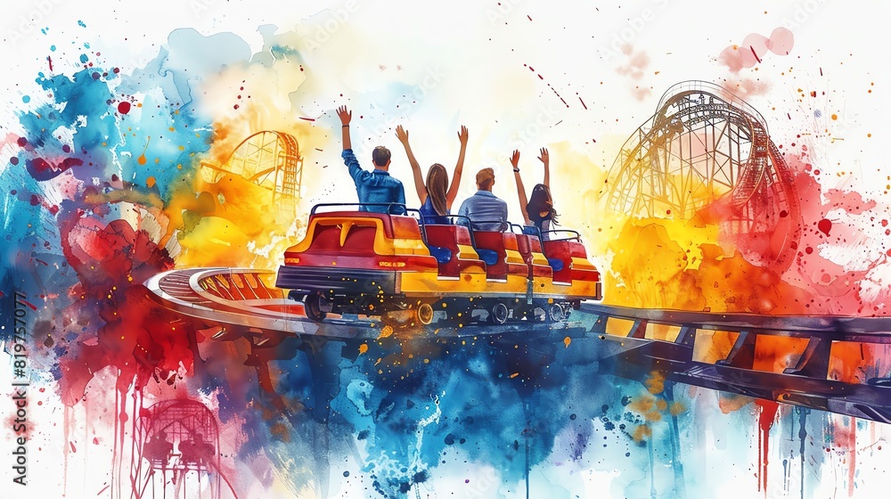 Joyful watercolor clipart of friends on a roller coaster, hands raised ...