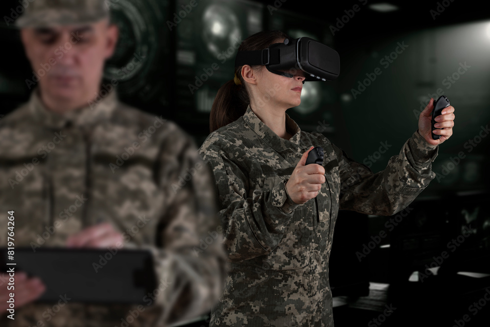 Warfare pilot using head-mounted displays VR glasses, digital device ...