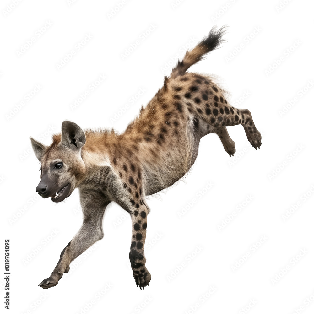Jumping or running hyena, dynamic pose, isolated on white or ...