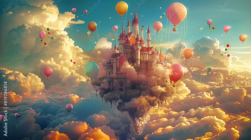 A giant balloon castle floats in the rainbow-colored clouds, adorned ...