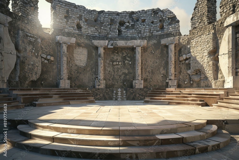 Ancient Greco-Roman hall interior with a circular stone podium ...