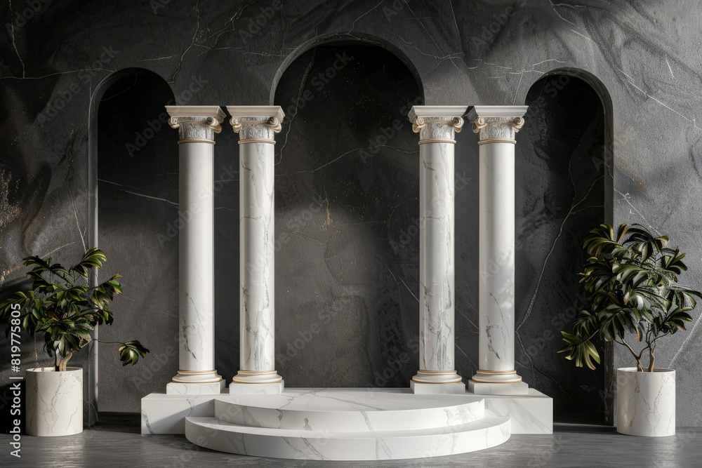 Ancient Greco-Roman hall interior with a circular stone podium ...