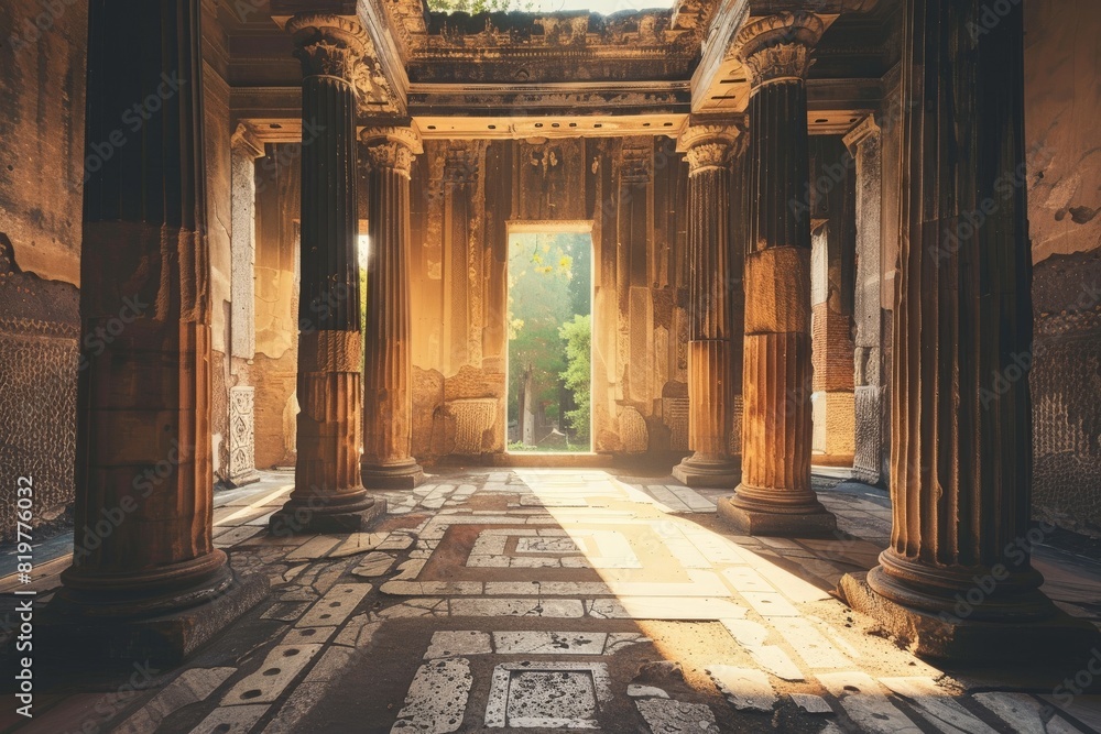 Ancient Greco-Roman hall interior with a circular stone podium ...