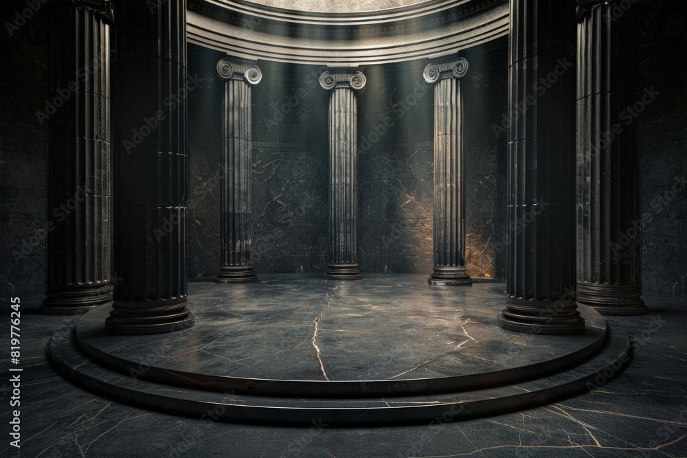 Ancient Greco-Roman hall interior with a circular stone podium ...