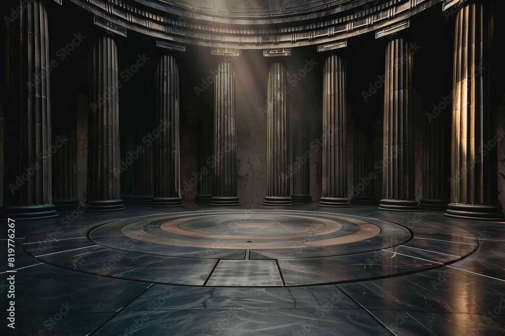 Ancient Greco-Roman hall interior with a circular stone podium ...