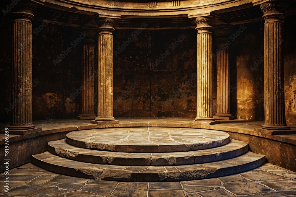 Ancient Greco-Roman hall interior with a circular stone podium ...
