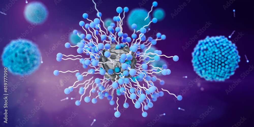 Soap molecules surrounding and capturing dirt forming micelles. The ...