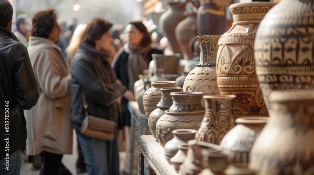 Intricate Pottery Stand, Side view of display stand with large pottery ...