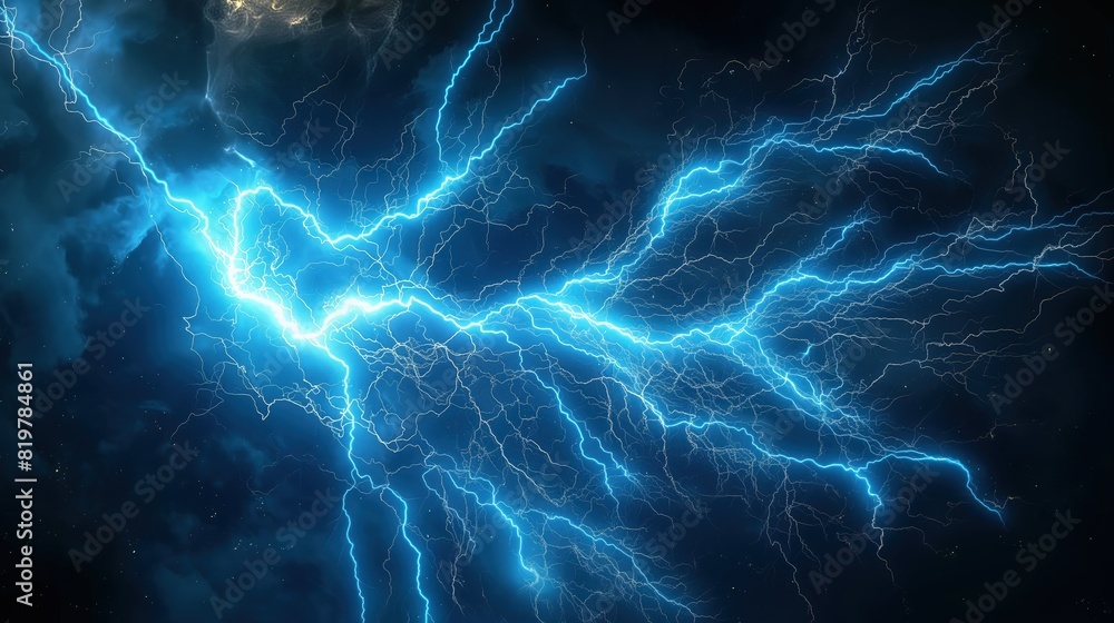 A highly detailed scene of a singular, powerful blue lightning strike ...