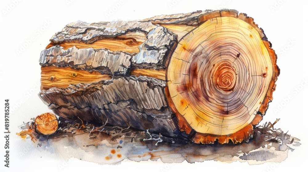 Wooden tree log, side view, detailed bark and wood grain, on a plain ...
