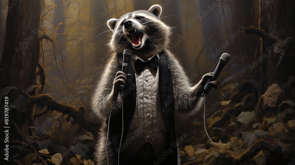 Adorable Raccoon Singing on Stage in Humanlike Costume, Performing at a ...