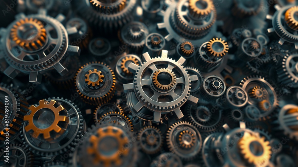 A symphony of interlocking gears and cogs, turning and rotating in ...