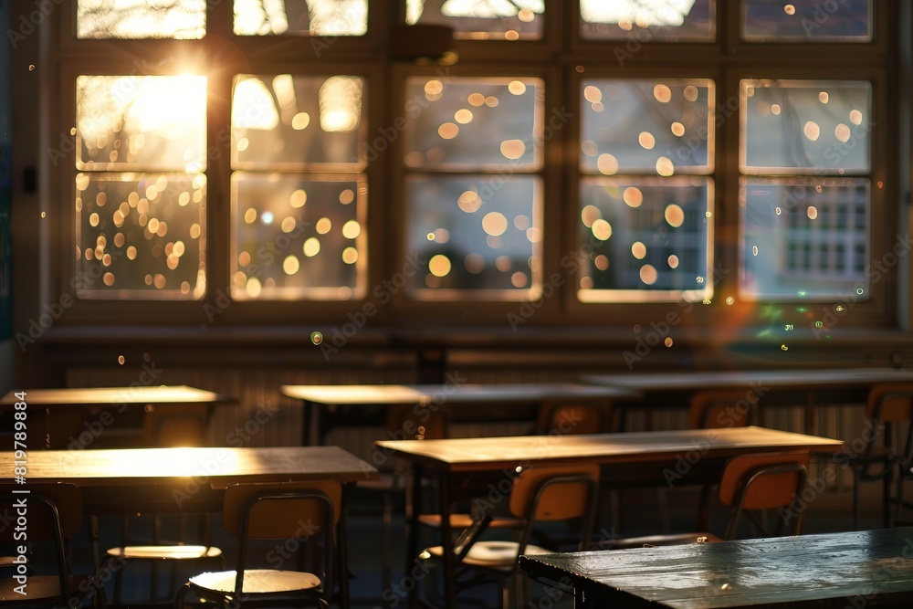 Sunlit classroom with empty desks and chairs, golden hour light ... Sunlit classroom with empty desks and chairs, golden hour light ...