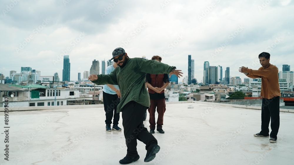 Professional break dance team practice B-boy dance while multicultural ...