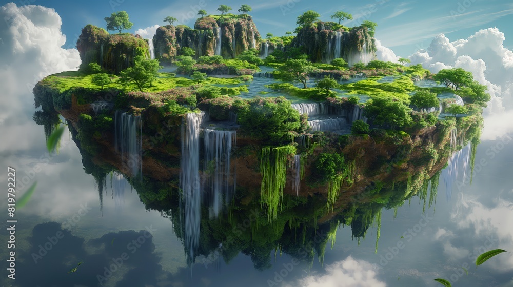 A mystical floating island with cascading waterfalls and lush greenery ...