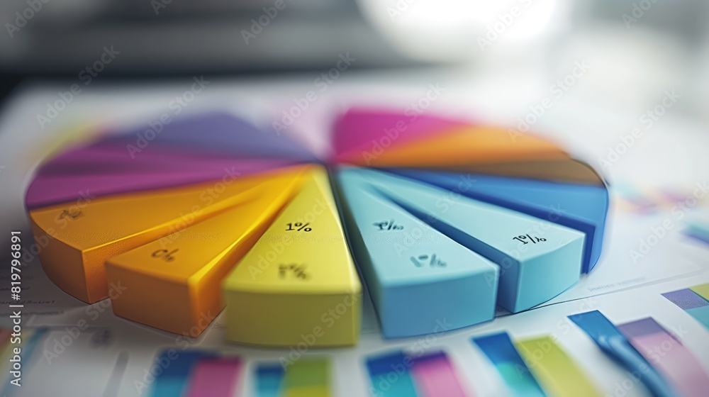 A pie chart with sections in various shades of complementary colors ...