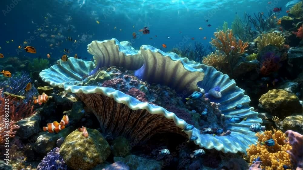 illustration of giant sea shell underwater colorful fish Stock Video ...