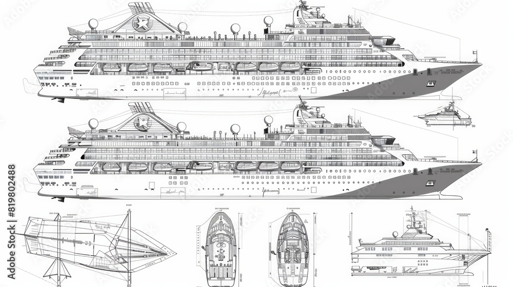 blueprints, drawing of Cruise ship isolated on white background, modern ...