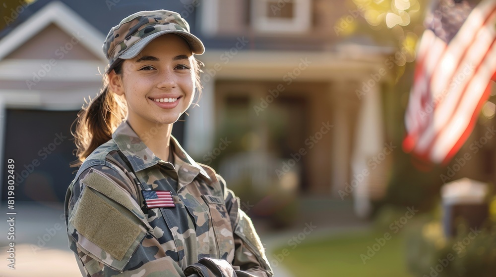 Portrait of a Happy female soldier with a smile while standing outside ...
