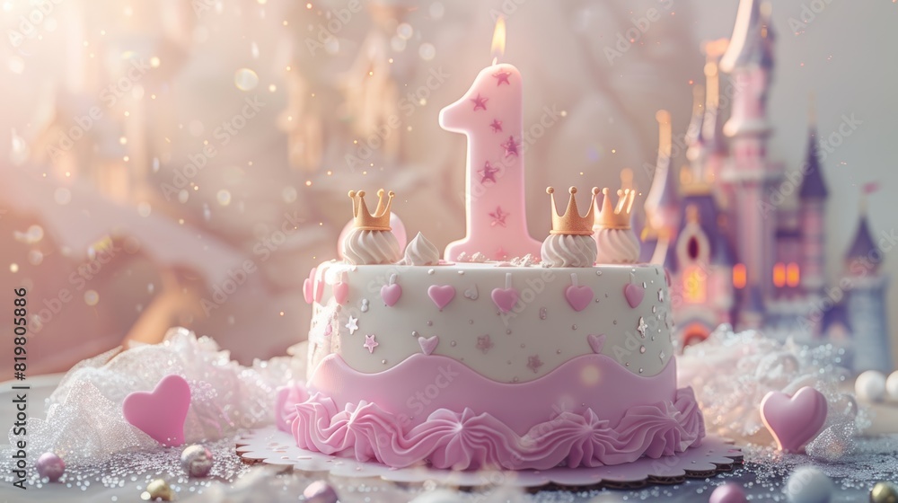 Princess Themed First Birthday Cake with Pink Number 1 and Crowns ...
