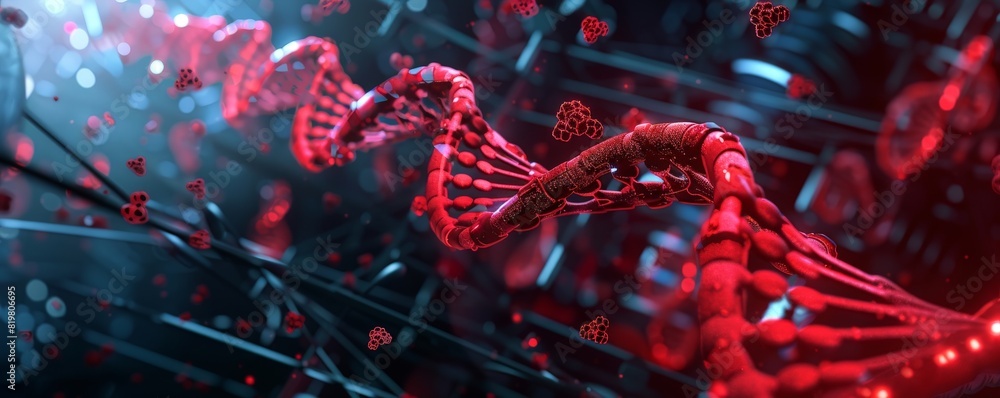 Advanced biotechnology lab with glowing red DNA helices and molecular ...
