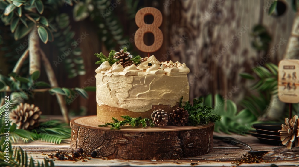 Rustic Eighth Birthday Cake Decorated with Wood and Greenery for ...