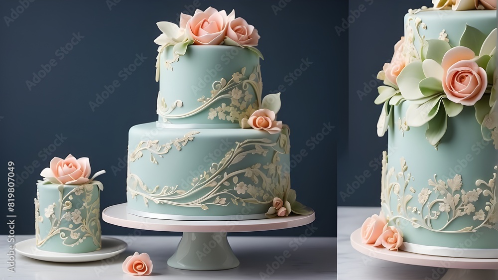 The cake is an elegantly tiered masterpiece, possibly featuring two or ...