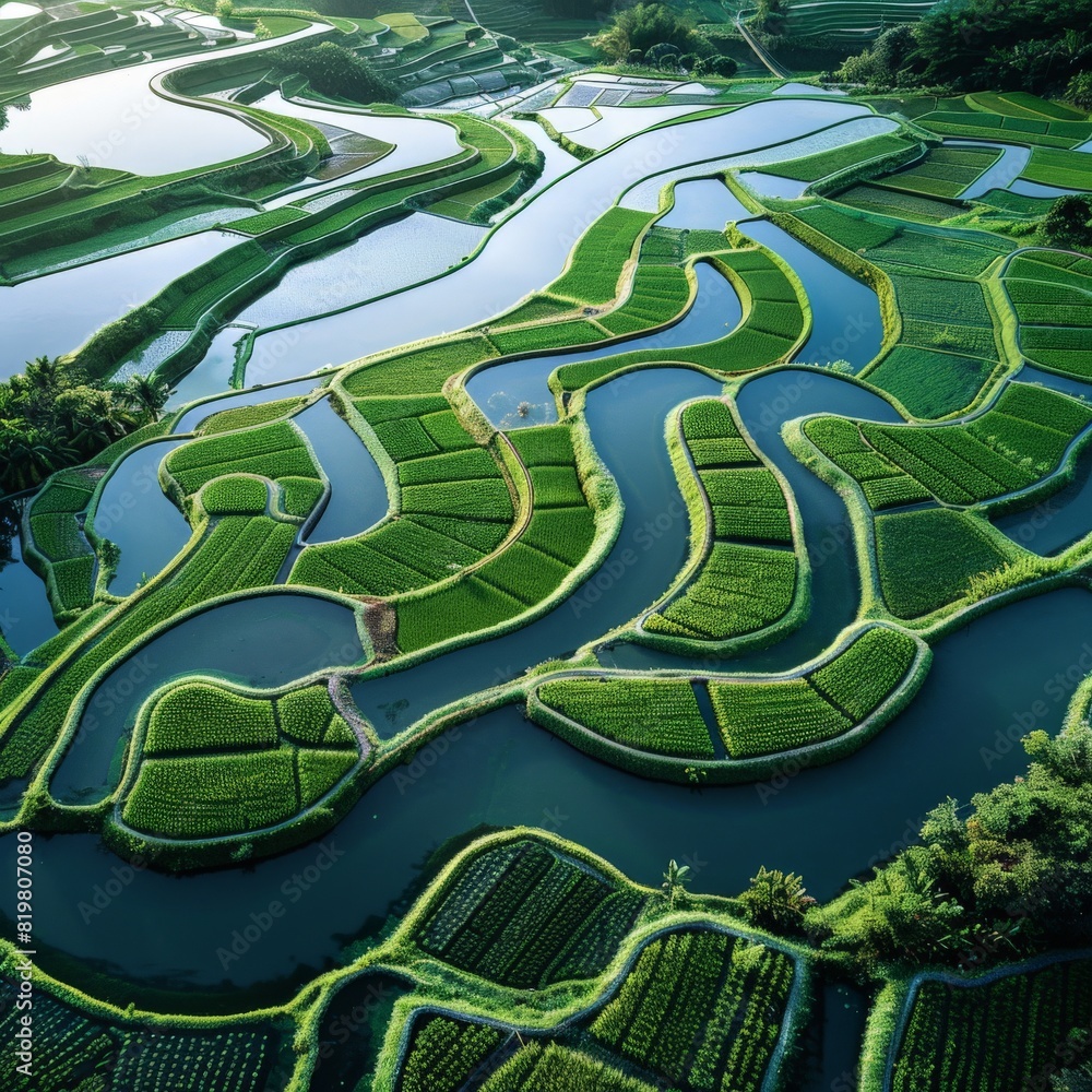An aerial view of a meticulously arranged rice planting field - focus ...