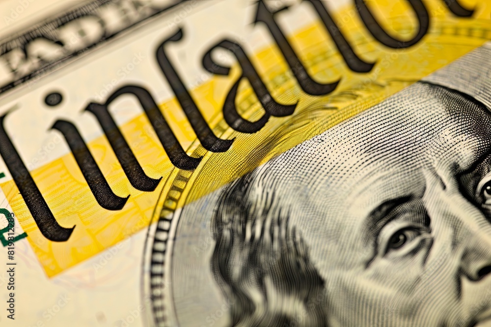"inflation" text on a yellow background placed on a dollar bill. The ...