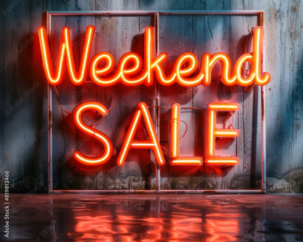 Red neon weekend sale sign on a wet asphalt background. Stock ...