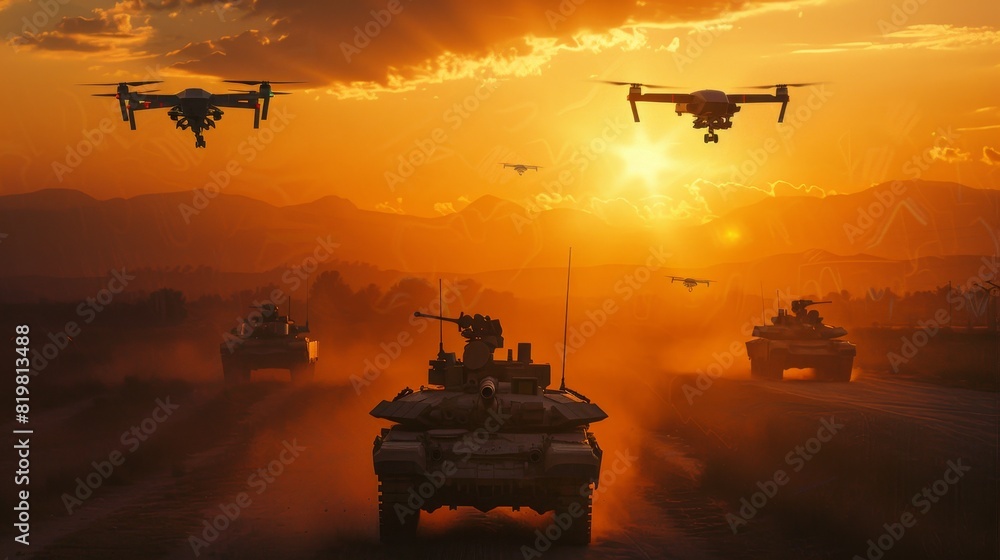 Modern war concept of military drones and tanks in battle ...