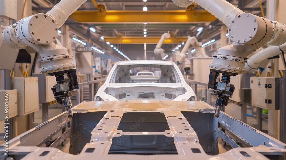 A robotic painting station in an auto assembly line, with arms spraying ...