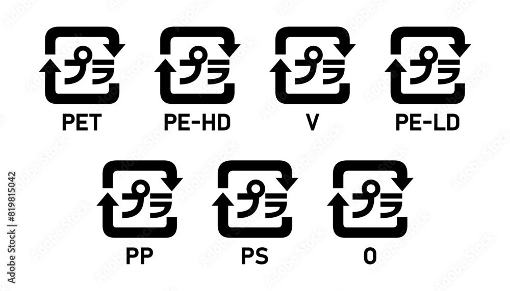 Japanese plastic recycling codes 1-7. Set of Japanese plastic recycling ...