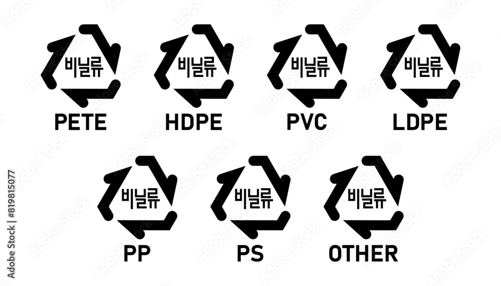 South Korean plastic recycling code icon set 01-07. Set of Korean plastic recycling code symbol ...