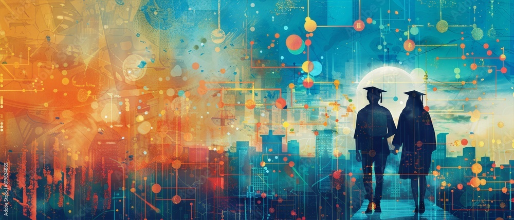 Vibrant abstract art of two graduates walking into the future ...