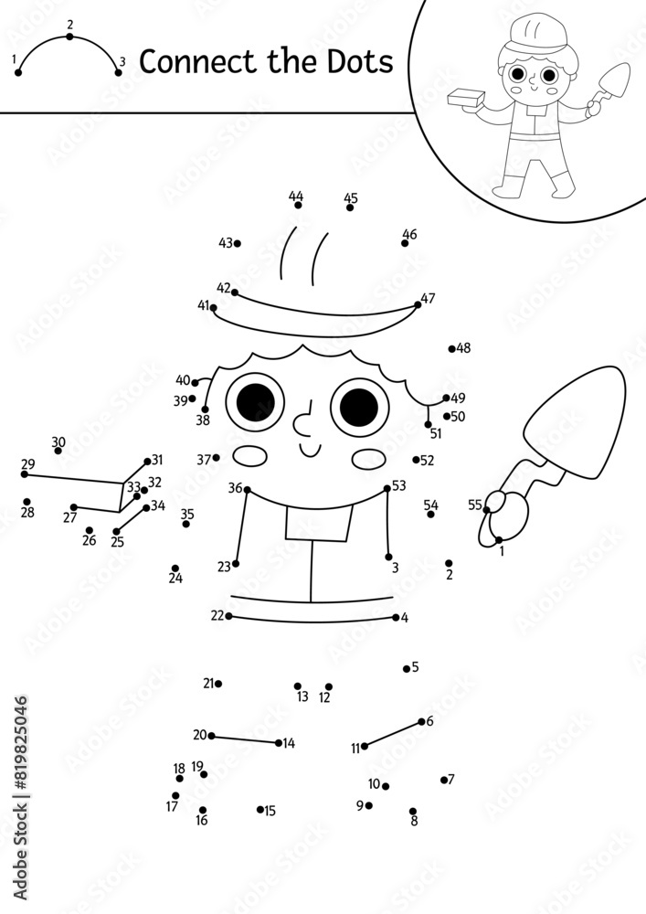 Vector construction site dot-to-dot and color activity with worker in ...