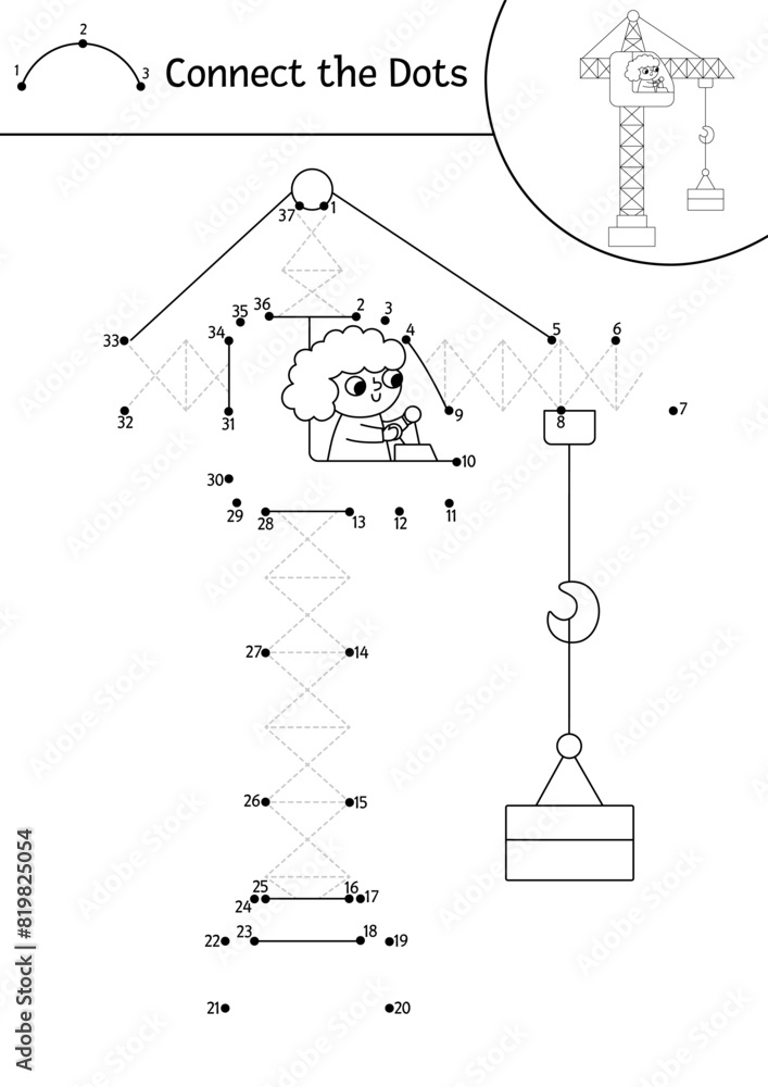 Vector construction site dot-to-dot, color and tracing activity with ...