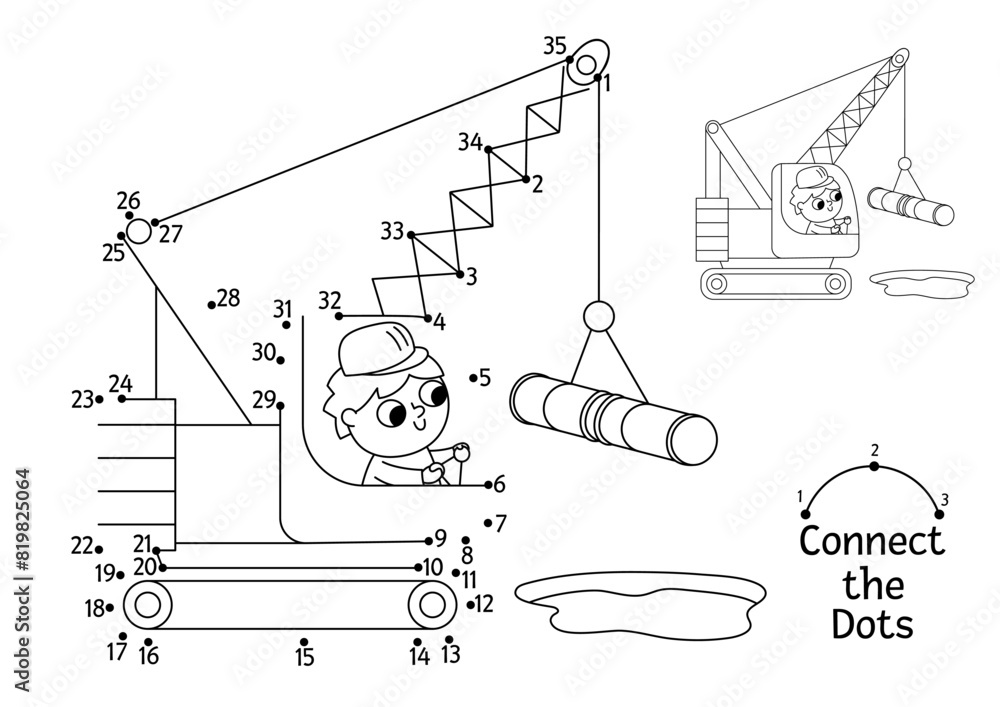 Vector construction site dot-to-dot and color activity with crawler ...