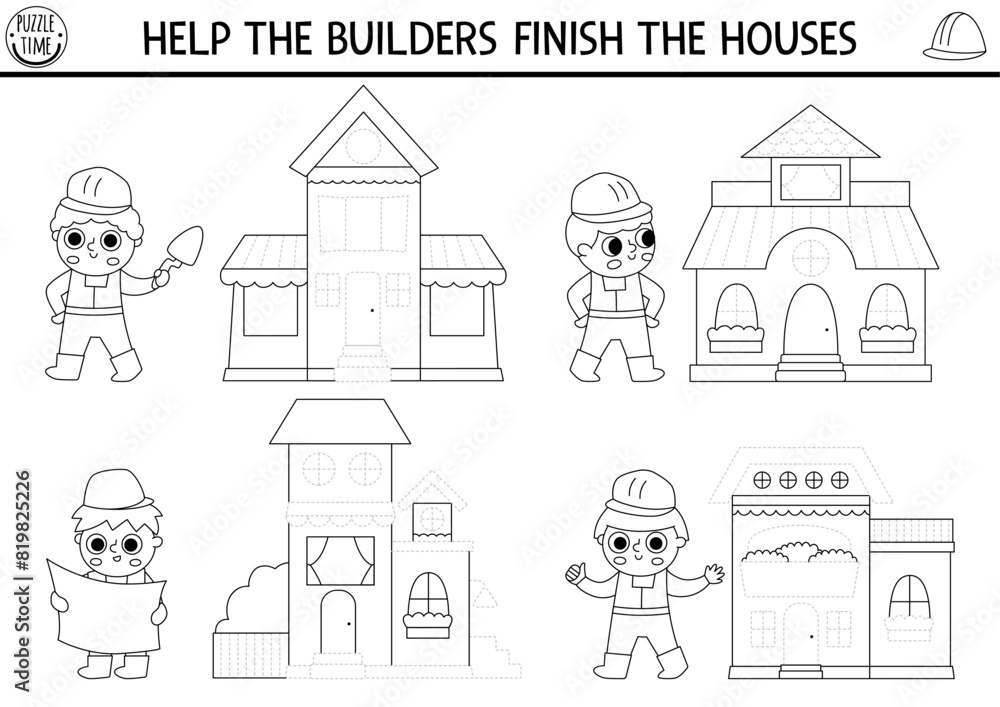 Vector construction site drawing practice worksheet. Printable black ...