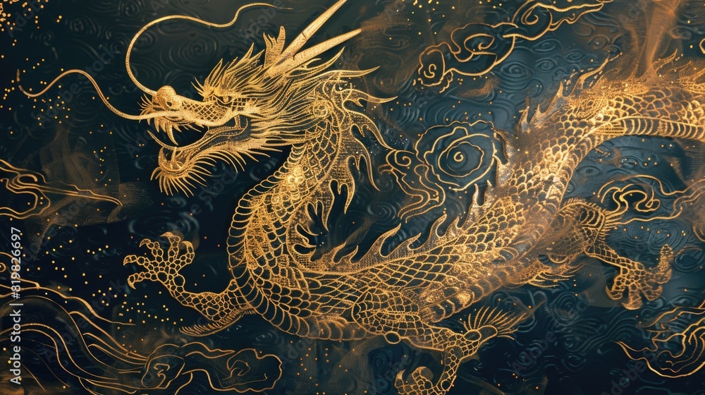 Majestic golden dragon on a striking black and gold background. Perfect ...