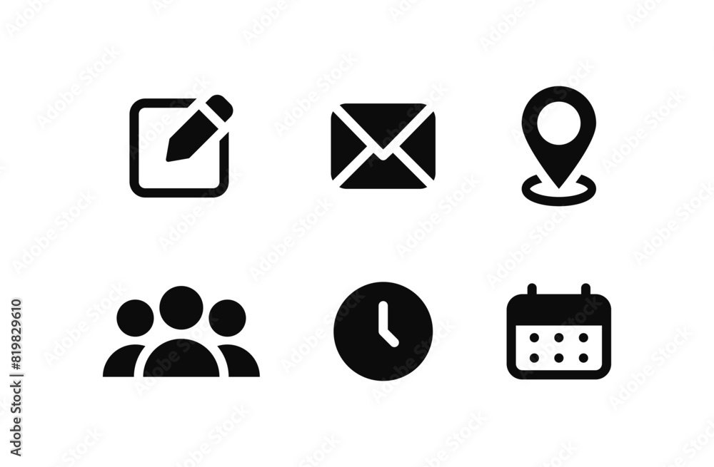 Address location icon. Stopwatch timer icon. Date Calendar icon. Teamwork, Group of people icon ...