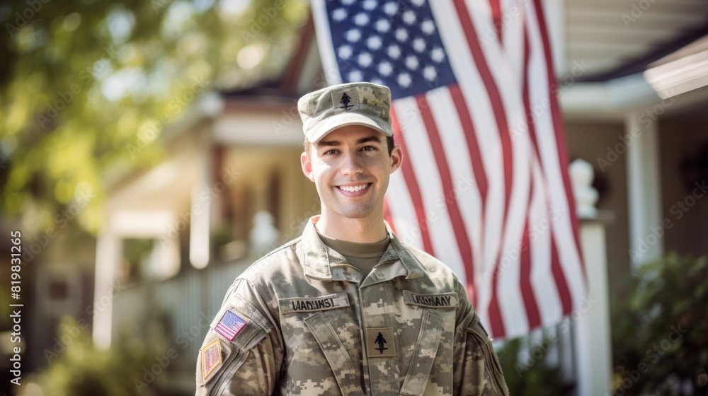Portrait of a Happy male soldier with a smile while standing outside ...