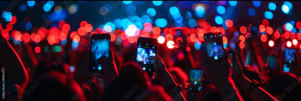 A crowd of people at a music concert holding up their cell phones ...