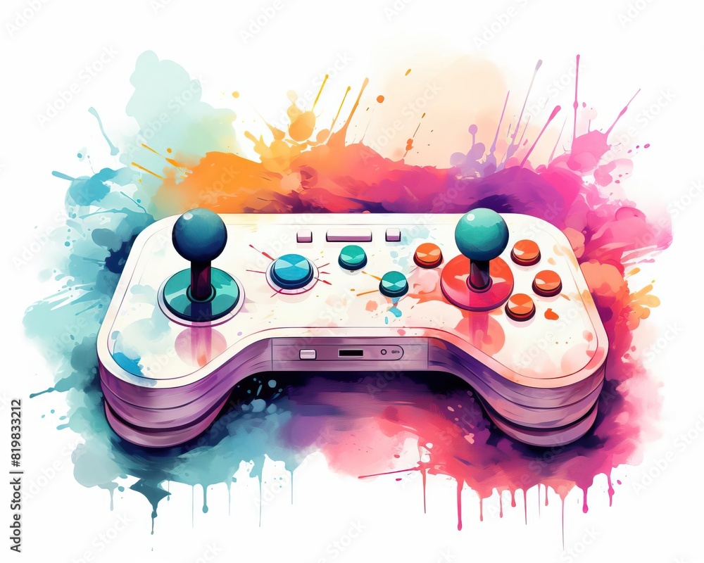 A watercolor painting of a video game controller. The controller is ...