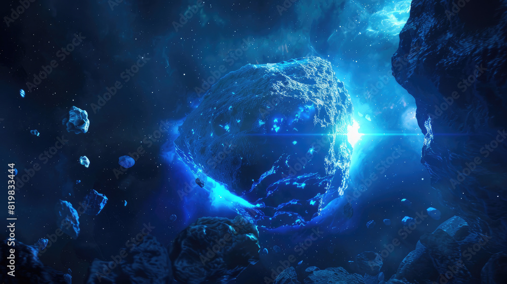 there is a glowing asteroid. The main color scheme of the image is blue ...