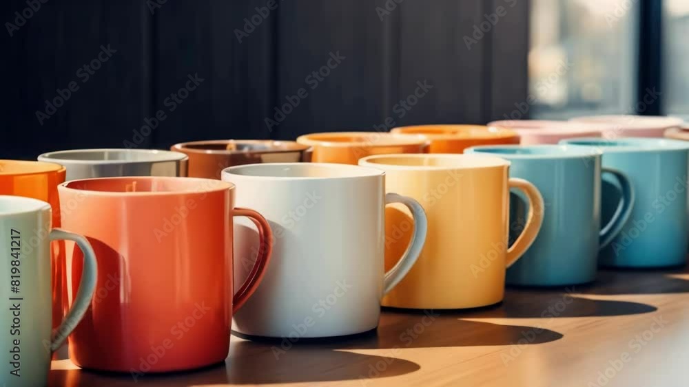A row of colorful coffee mugs on a table. The mugs are arranged in a ...