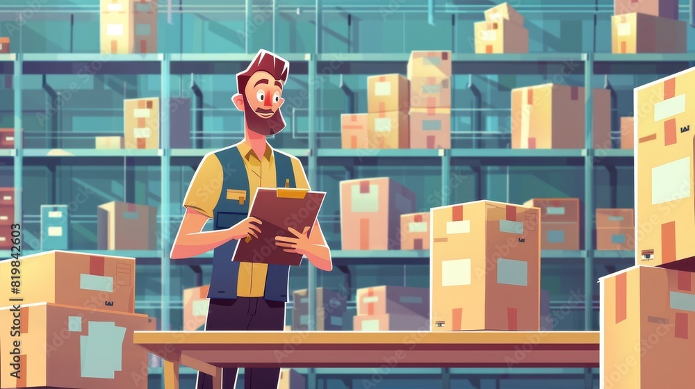 Worker controlling and shipping orders in warehouse. Cartoon ...