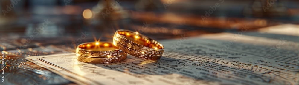 Wedding rings on legal paperwork, background of shattered glass ...